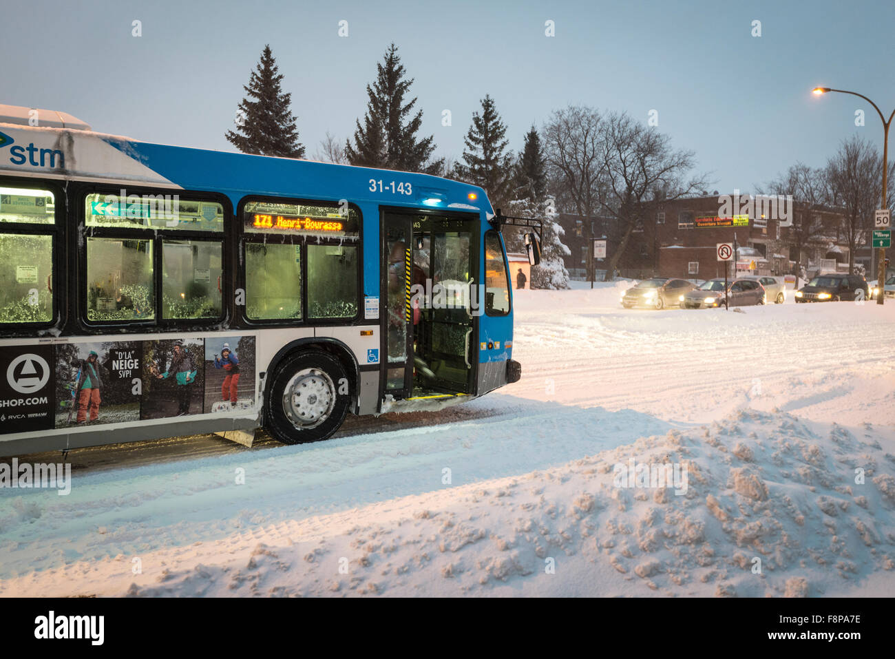 Public transportation in Montreal Canada during snow storm at rush hour ...