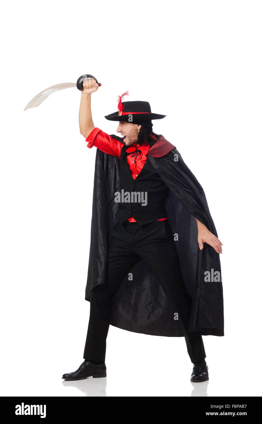 Young man in carnival coat with sword isolated on hi-res stock ...