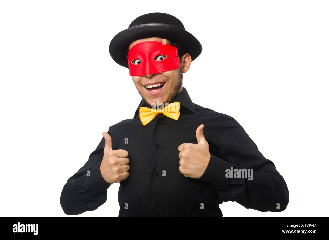 Young man in black costume and red mask isolated on white Stock Photo ...