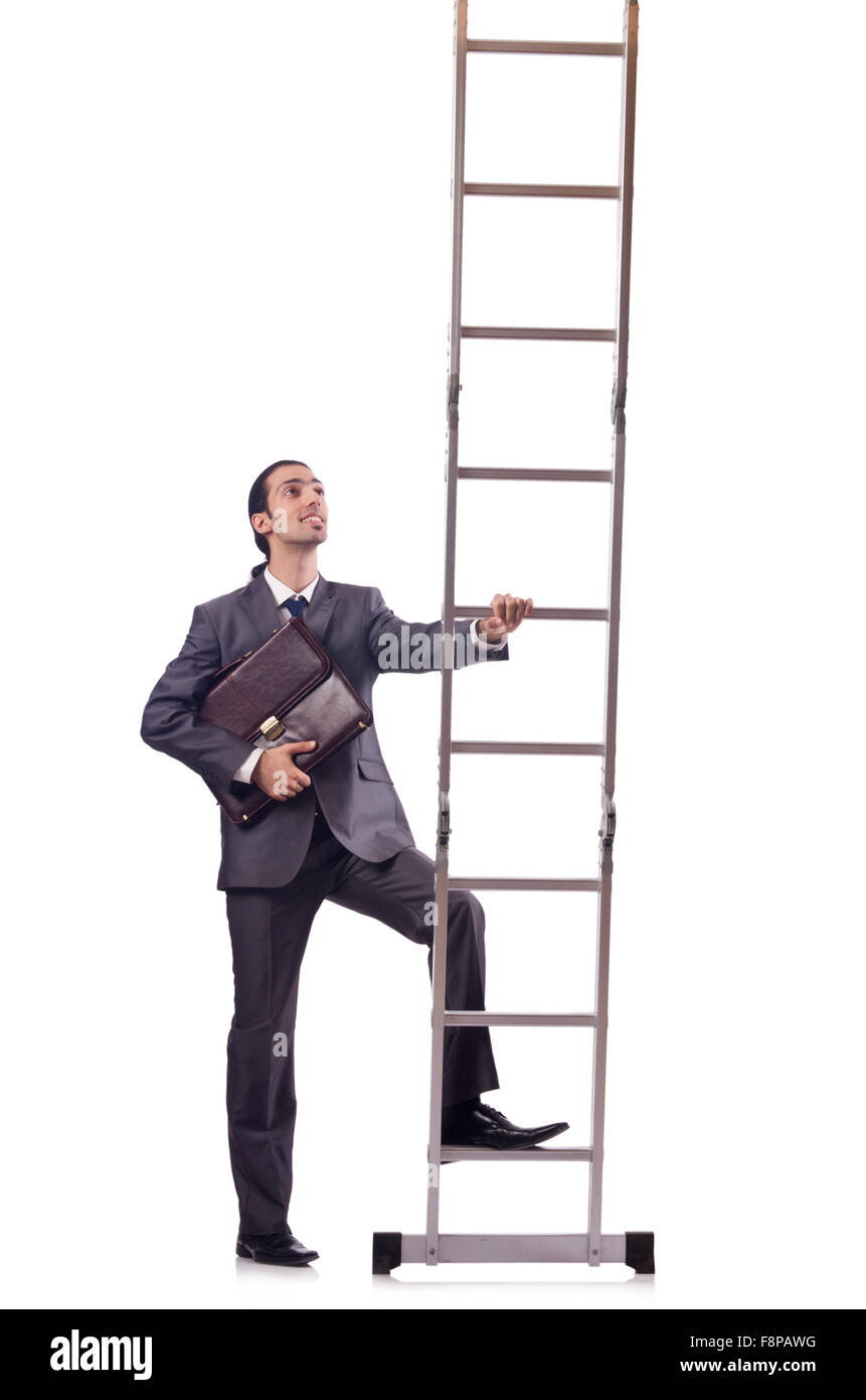 Businessman climbing the ladder isolated on white Stock Photo - Alamy