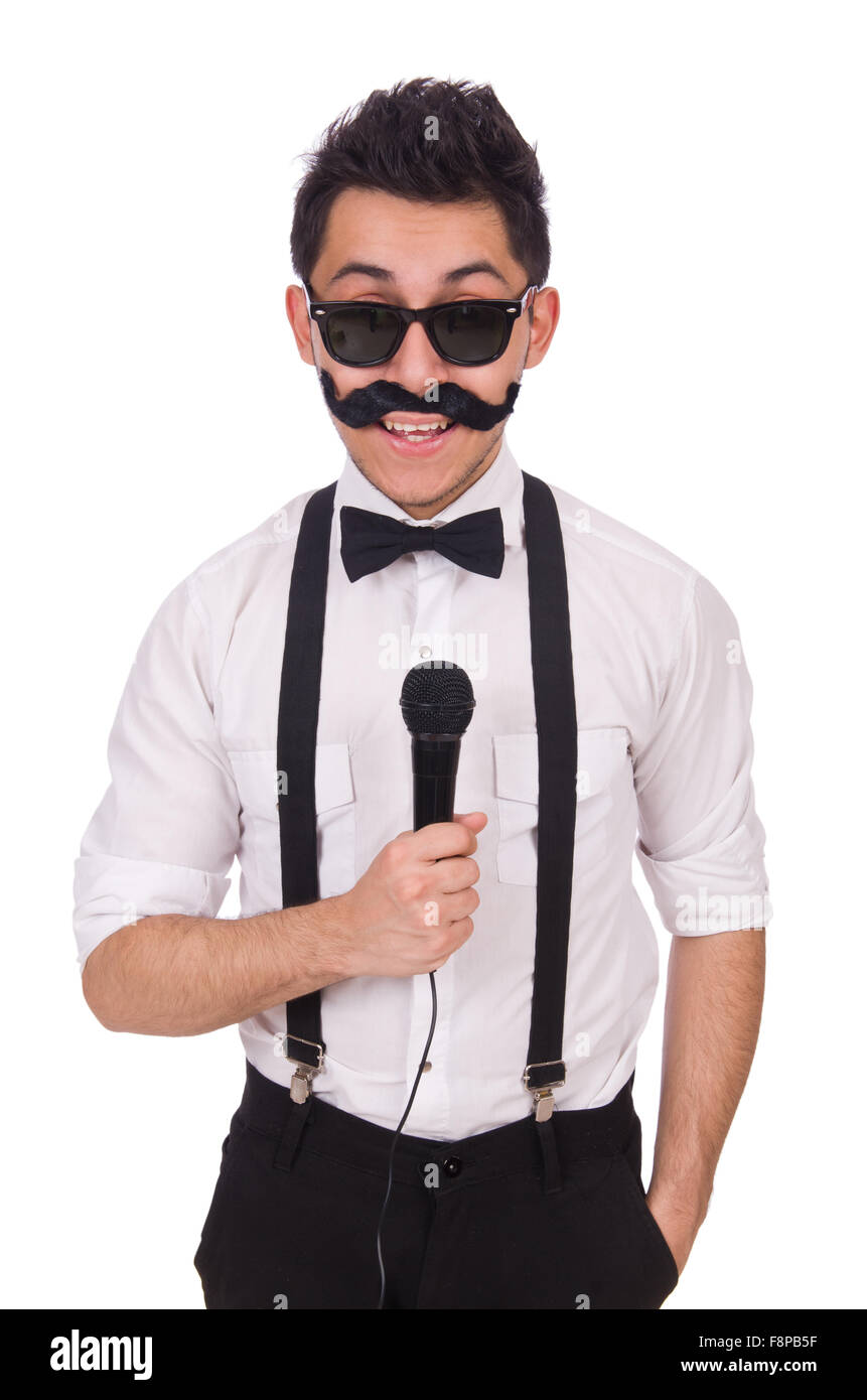 Funny man with mic isolated on white Stock Photo - Alamy