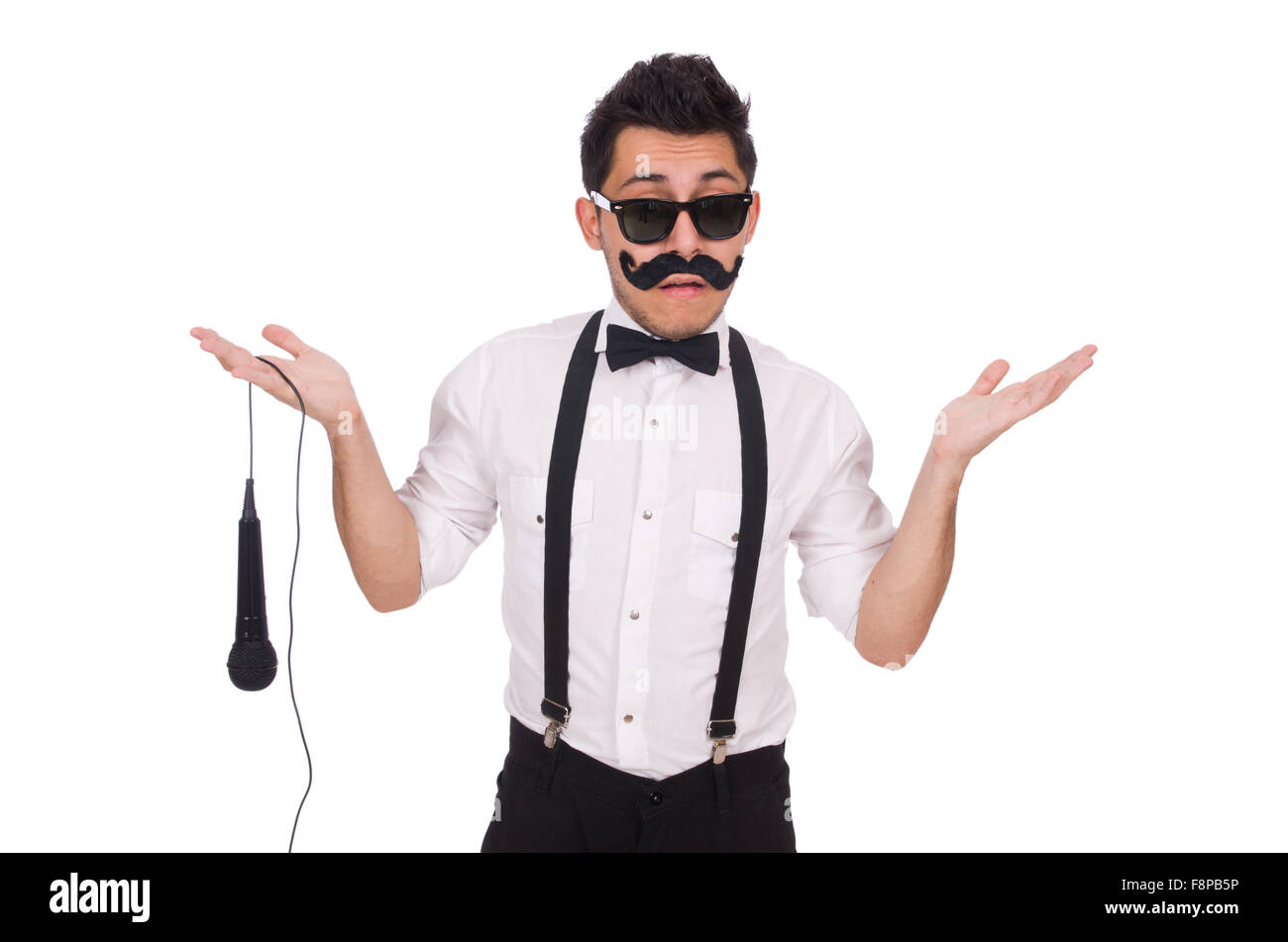 Funny man with mic isolated on white Stock Photo - Alamy