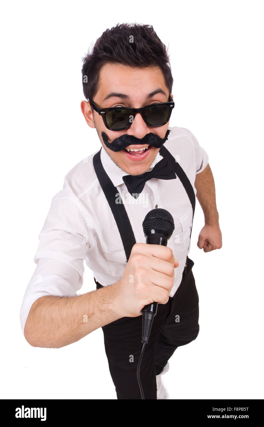 Funny man with mic isolated on white Stock Photo - Alamy