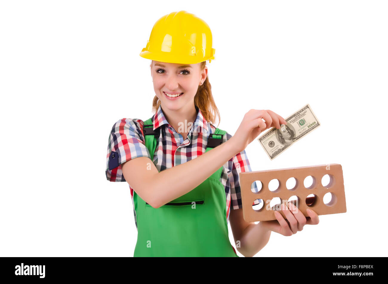 Female handyman in overalls isolated on white Stock Photo - Alamy