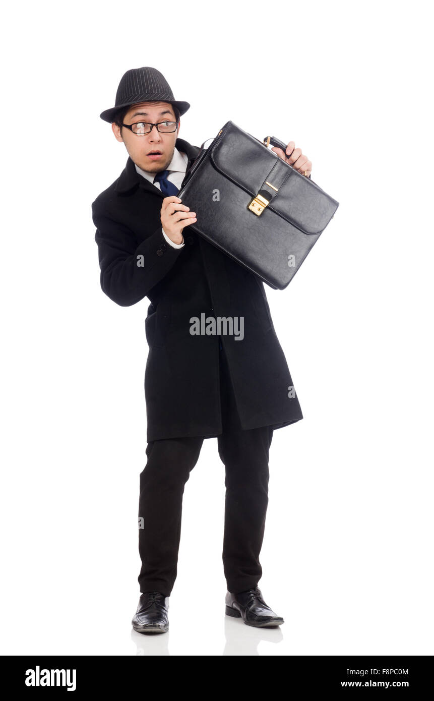 Young man holding suitcase isolated on white Stock Photo - Alamy