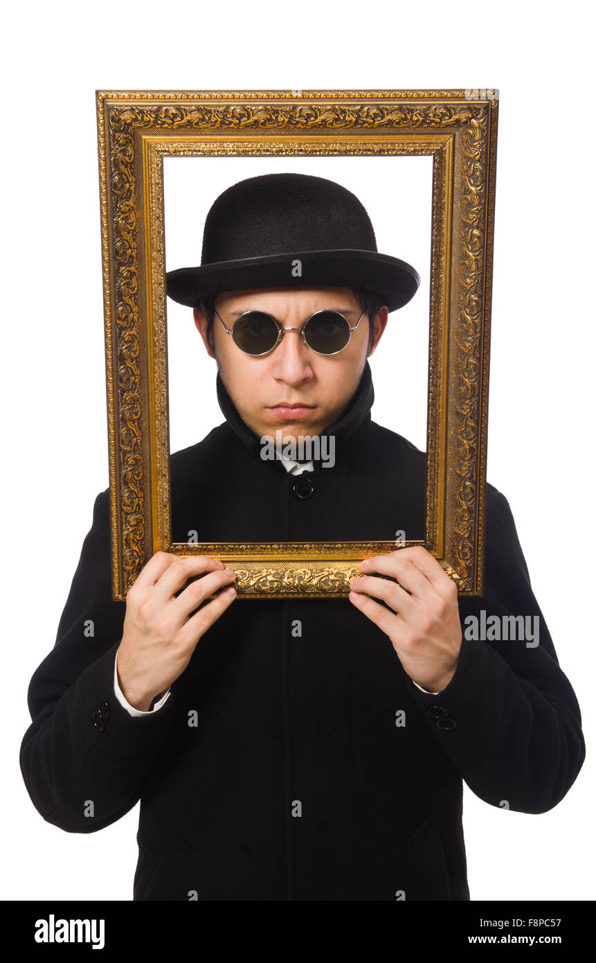 Young man holding frame isolated on white Stock Photo - Alamy