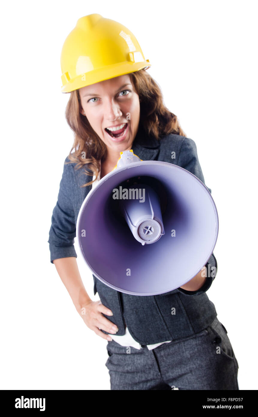 Female construction worker with loudspeaker Stock Photo - Alamy
