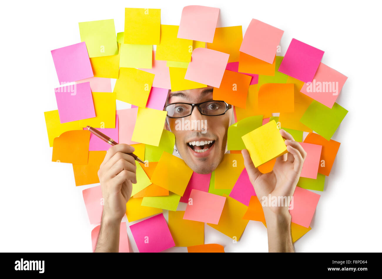 Man's face through paper and reminders Stock Photo - Alamy