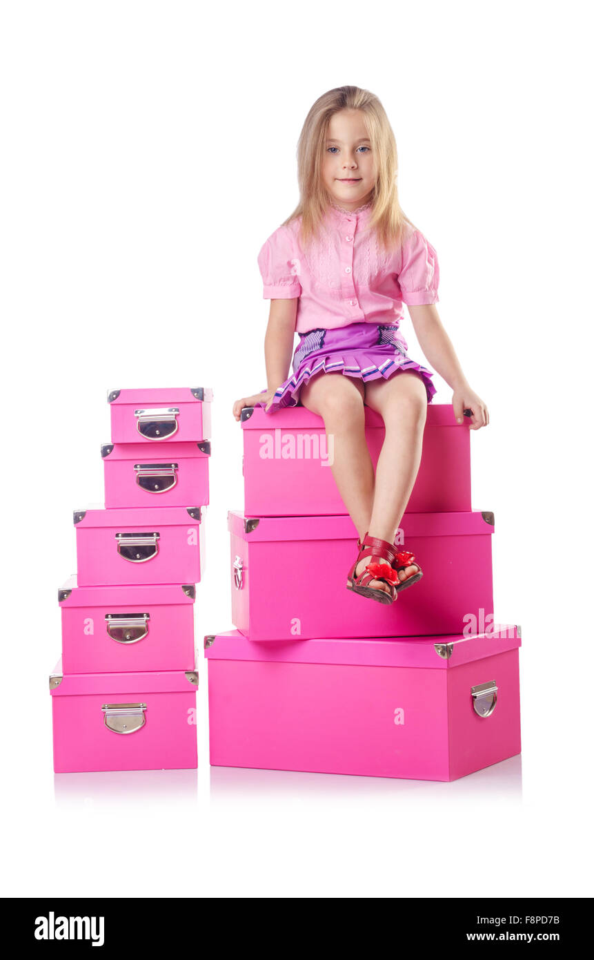 Little cute girl with lots of boxes Stock Photo - Alamy