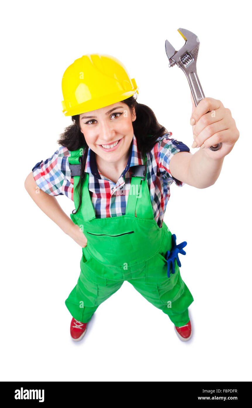 Woman builder isolated on white Stock Photo - Alamy