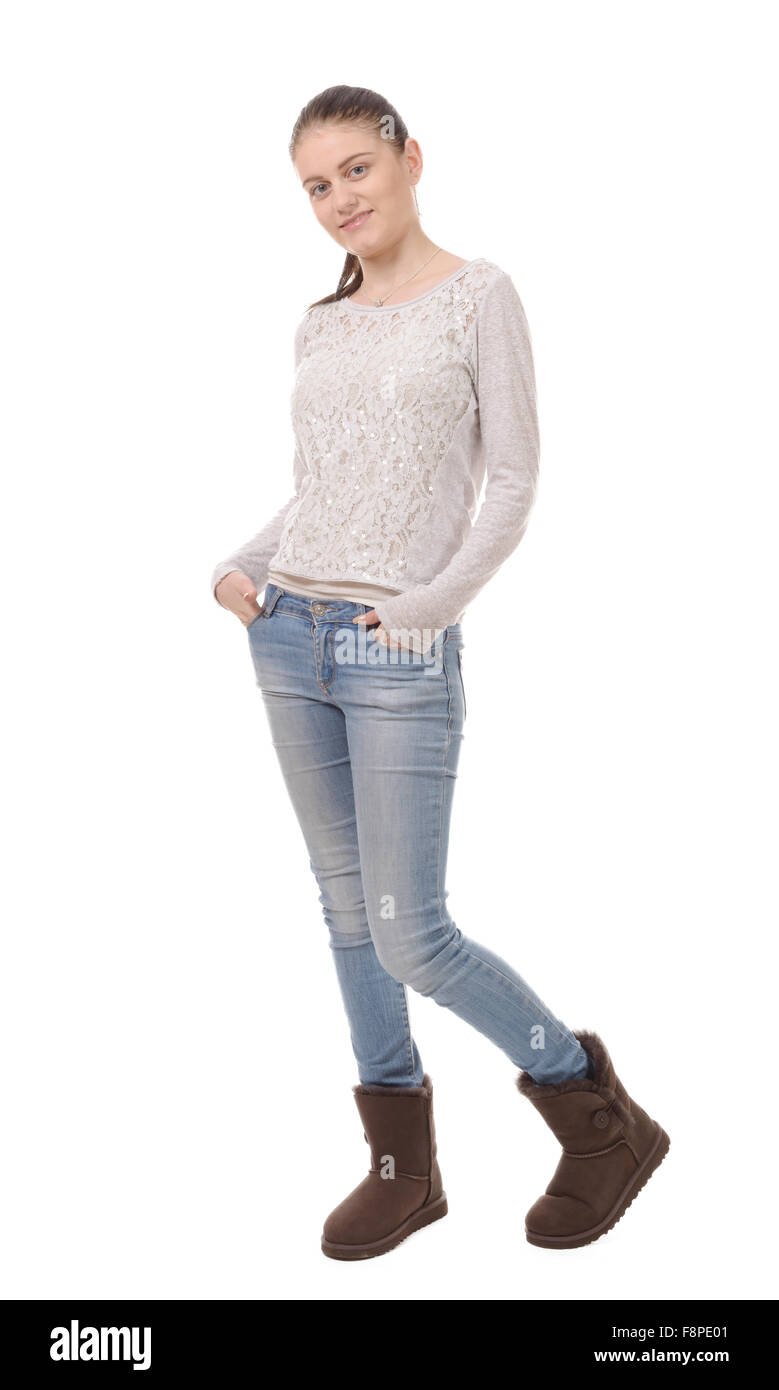 a pretty young woman standing on white background Stock Photo - Alamy
