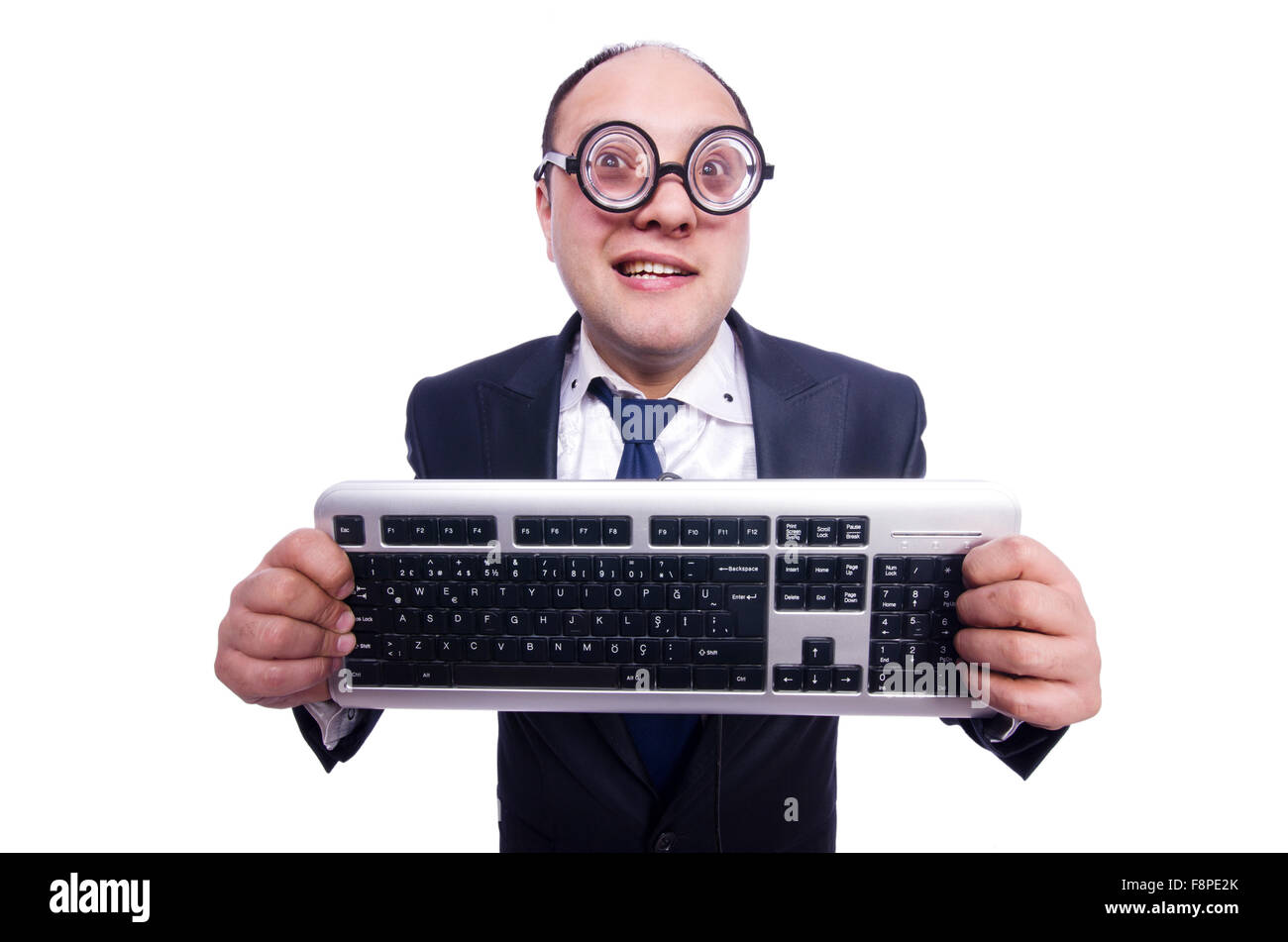 Nerd businessman with computer keyboard on white Stock Photo - Alamy