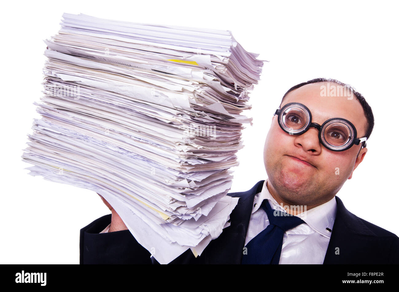 Funny man with lots of folders on white Stock Photo - Alamy