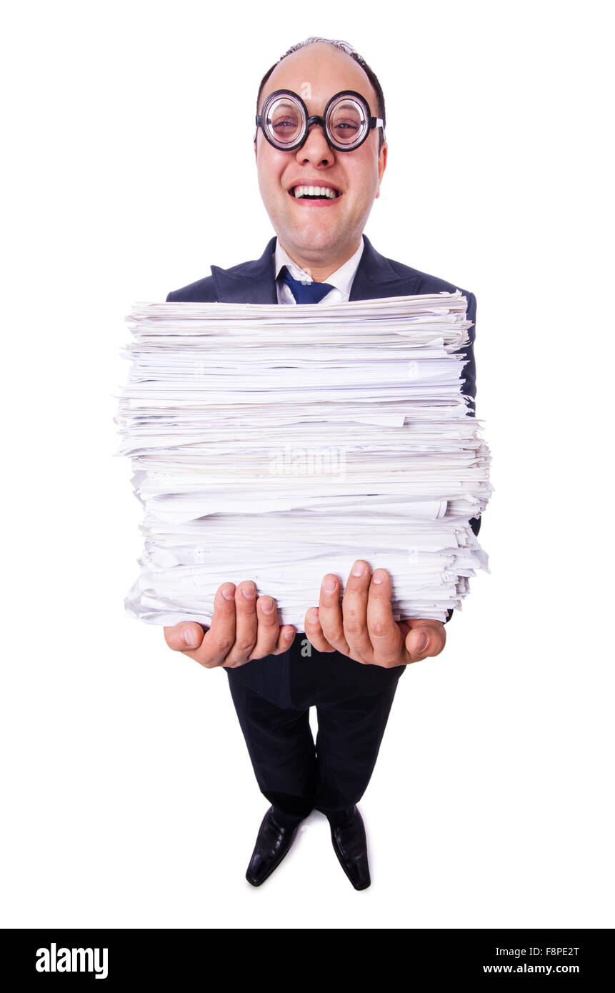 Funny man with lots of folders on white Stock Photo - Alamy