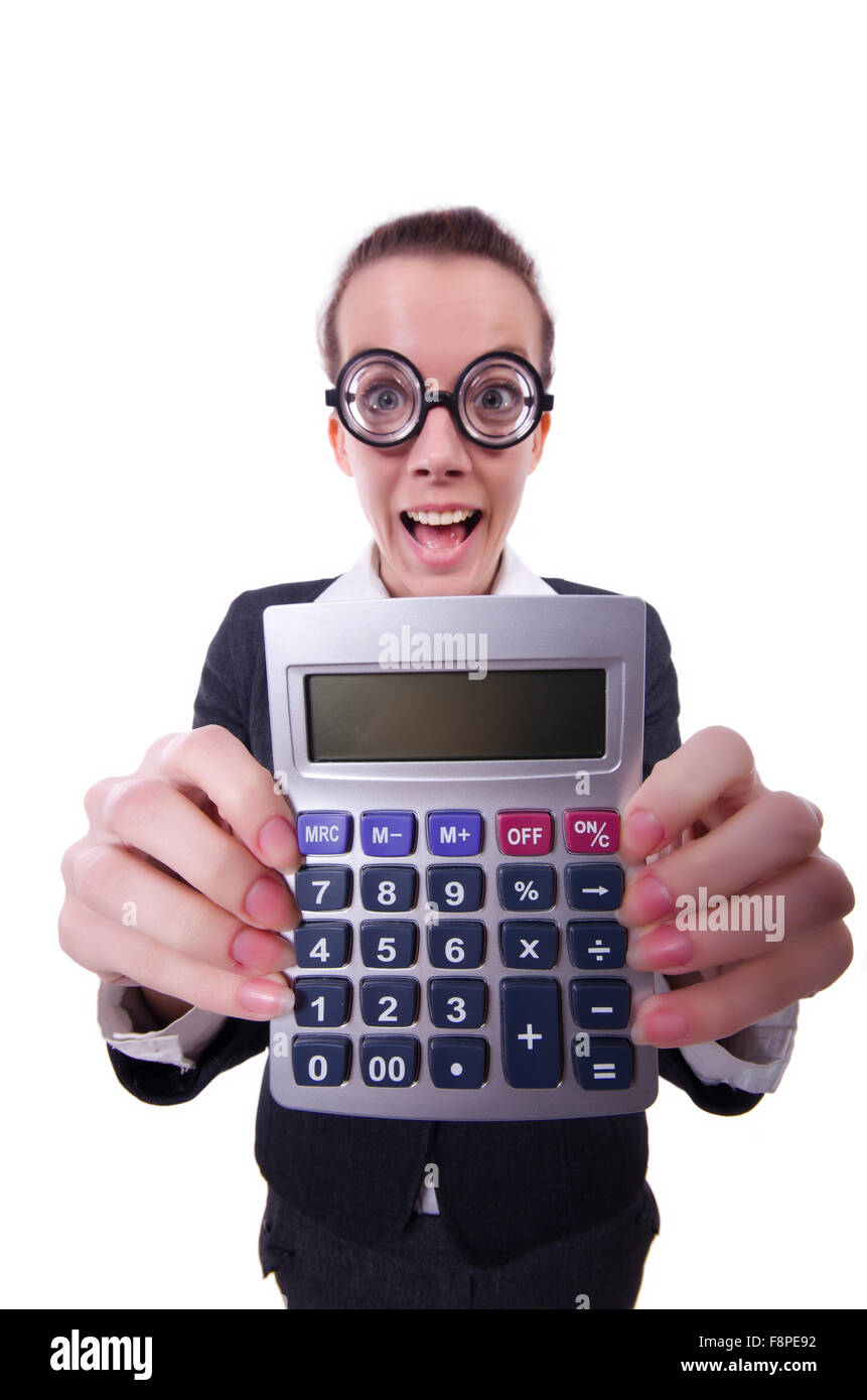 Nerd female accountant with calculator Stock Photo - Alamy