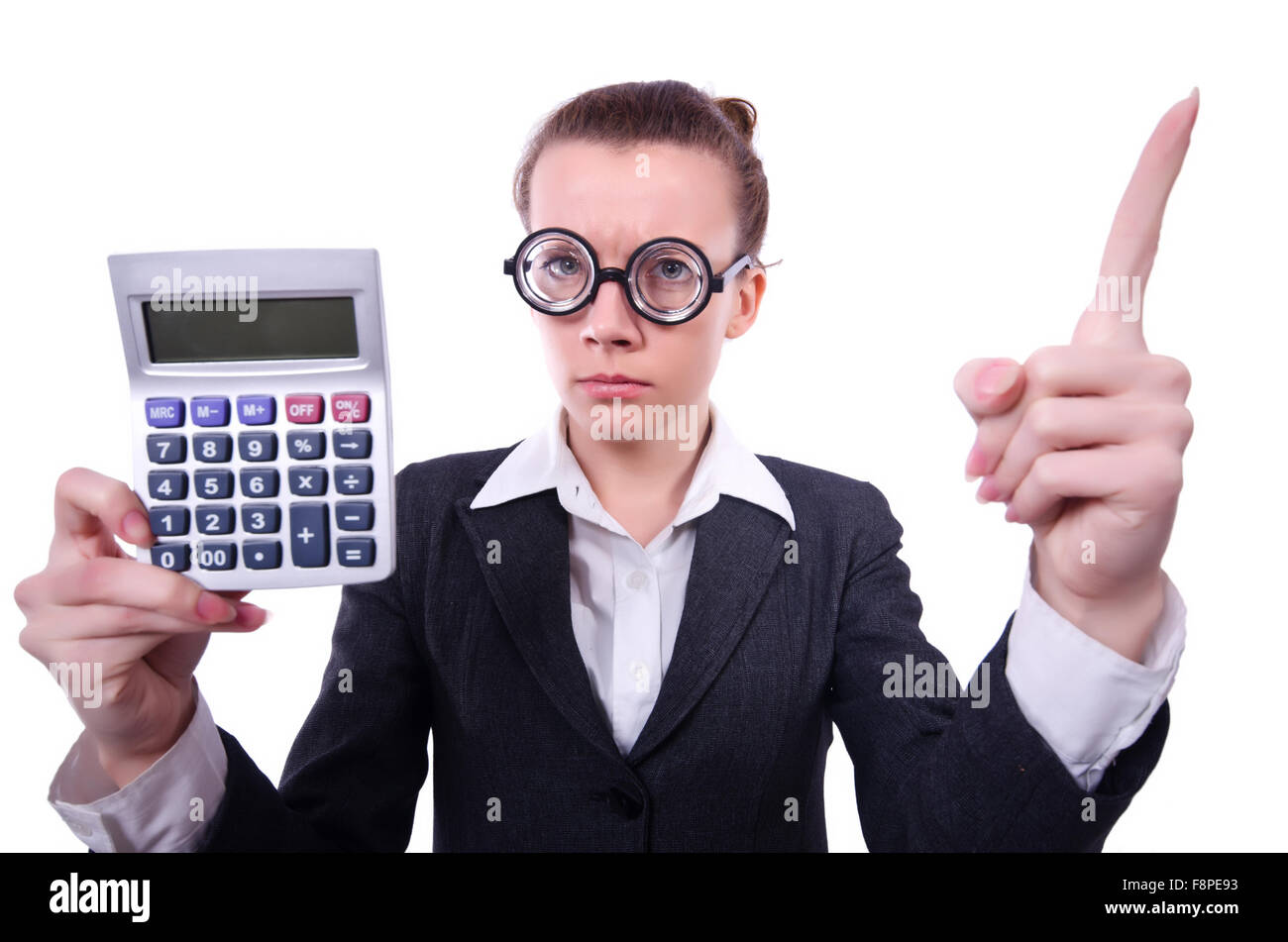 Nerd female accountant with calculator Stock Photo - Alamy