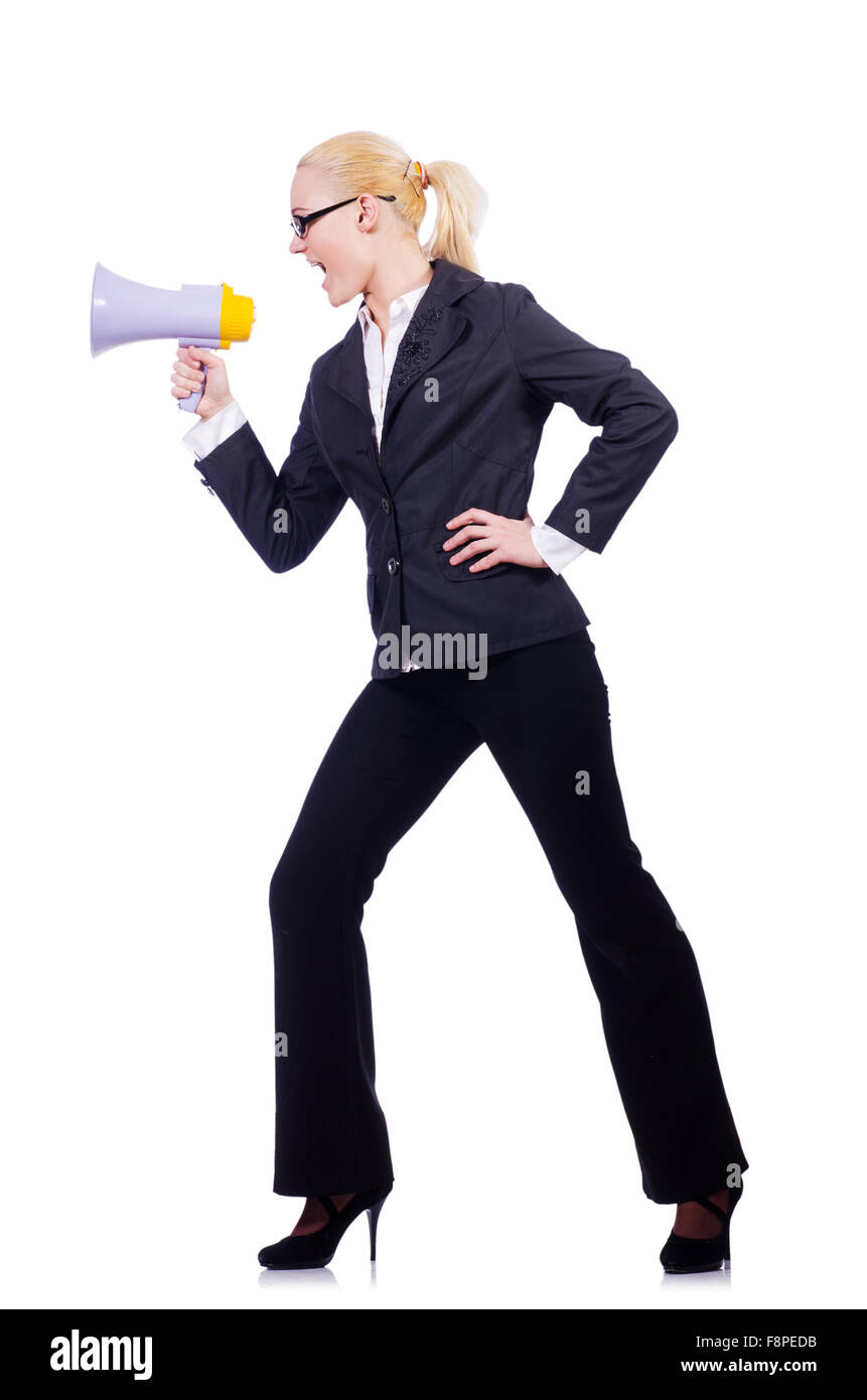 Woman businesswoman with loudspeaker on white Stock Photo - Alamy