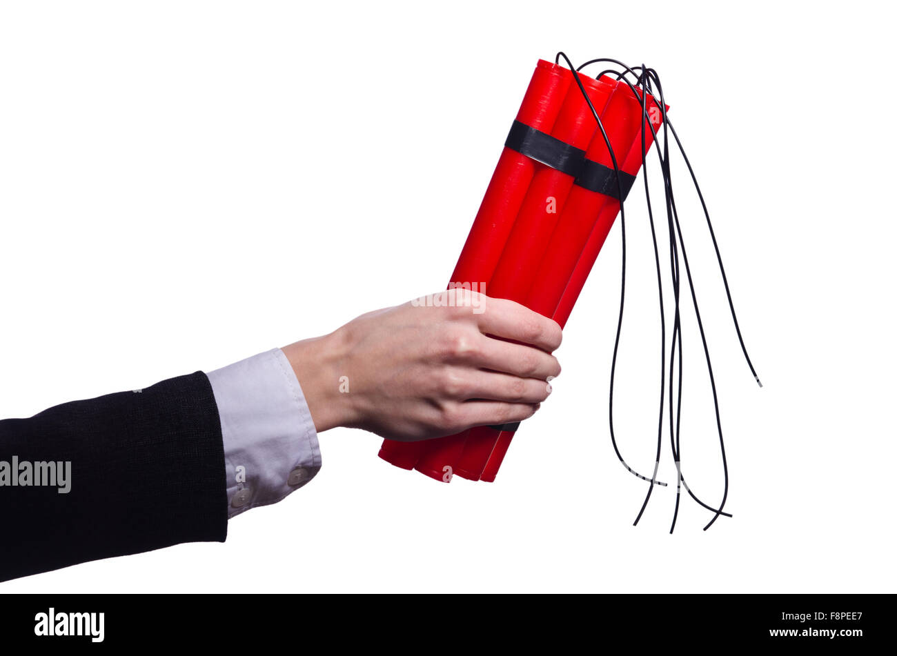 Hand holding bars of dynamite on white Stock Photo - Alamy