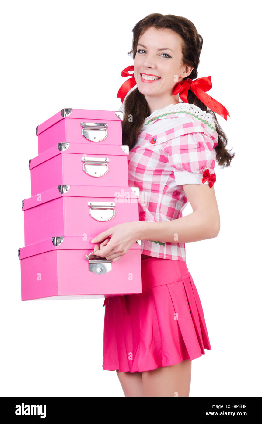 Young woman with storage boxes on white Stock Photo - Alamy
