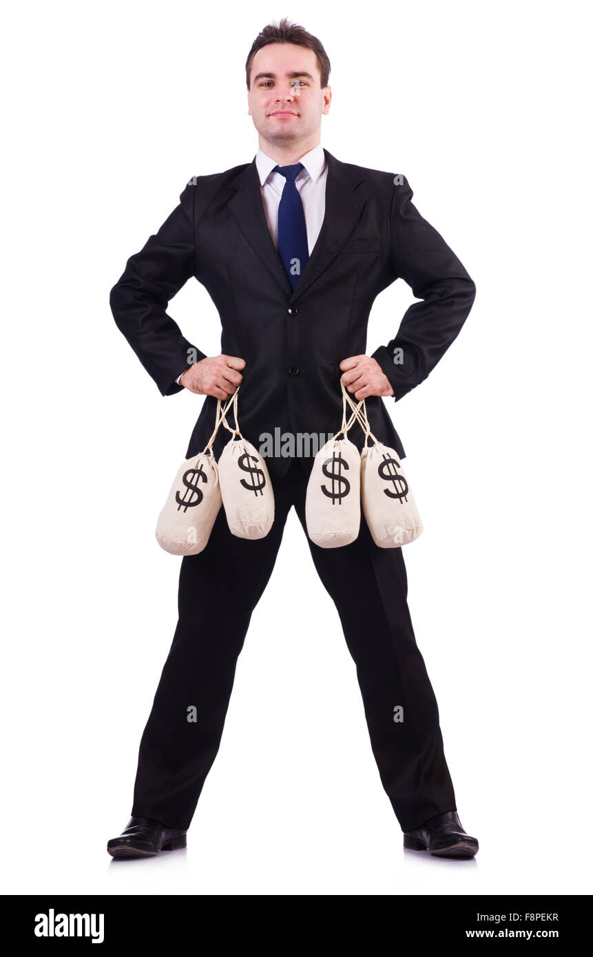 Man with money sacks on white Stock Photo - Alamy