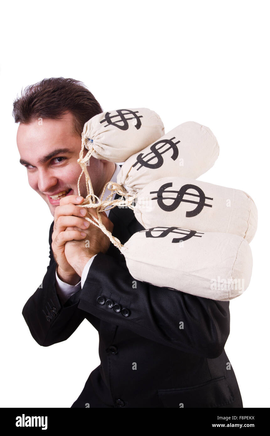 Man with money sacks on white Stock Photo - Alamy