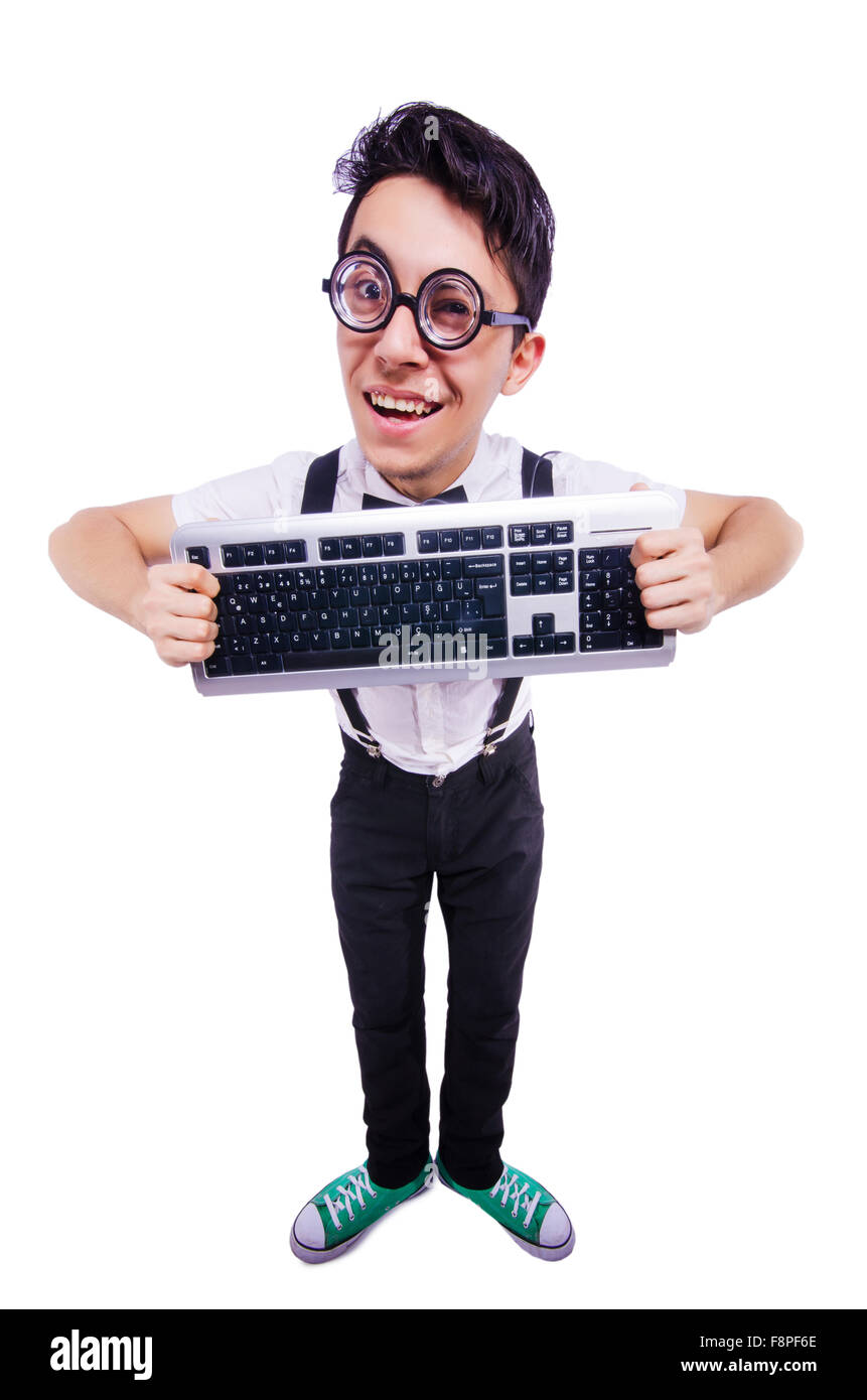 Funny computer geek isolated on white Stock Photo - Alamy