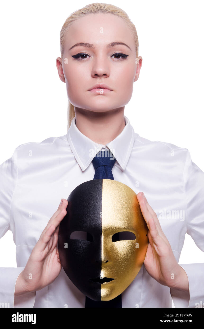 Woman with mask in hypocrisy concept Stock Photo - Alamy