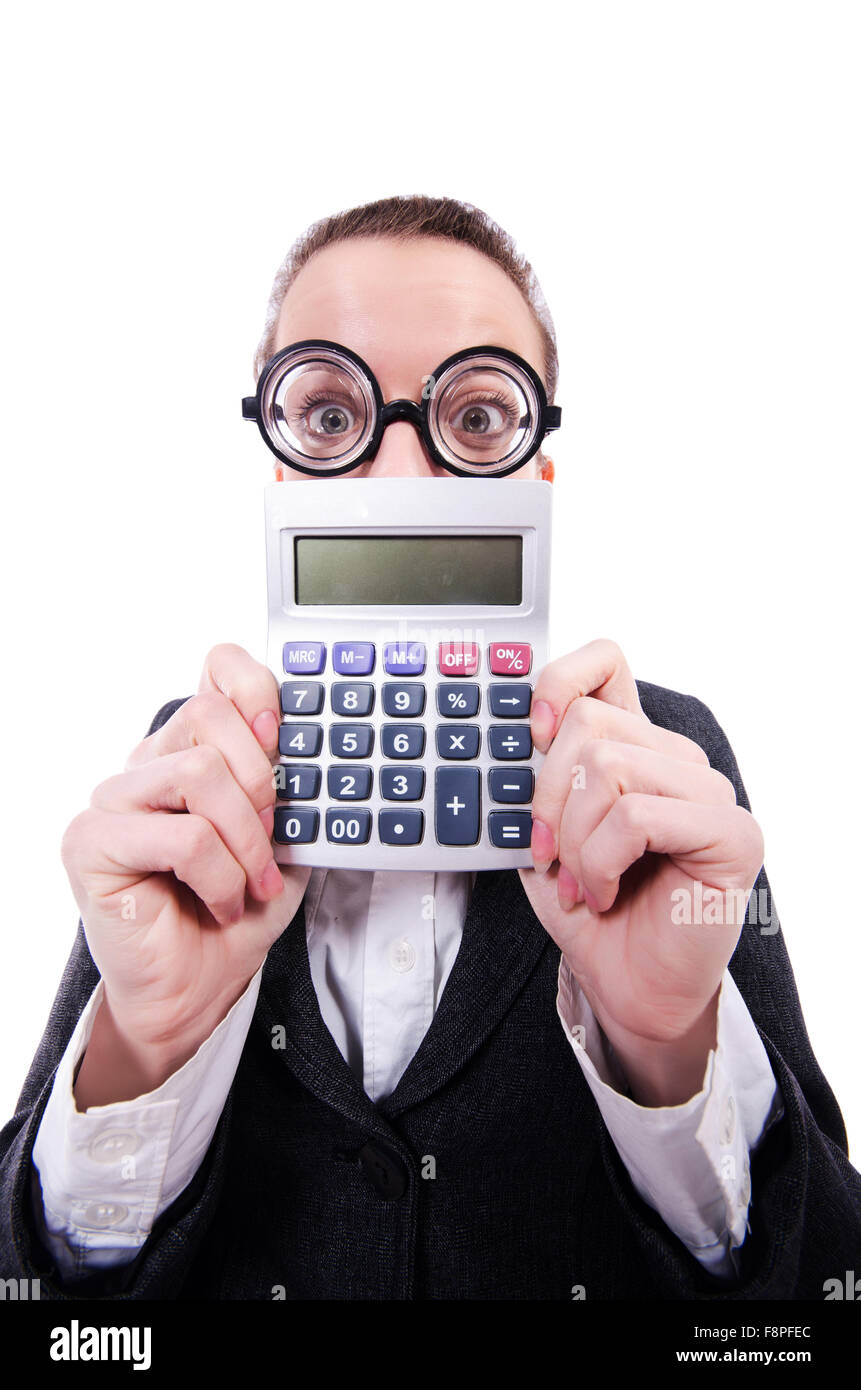 Funny accountant with calculator on white Stock Photo - Alamy