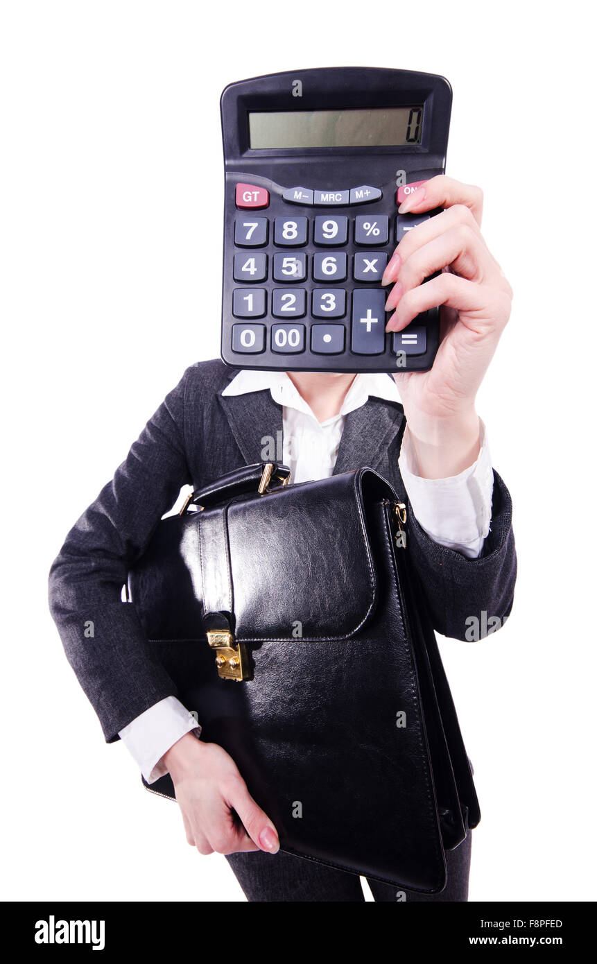 Funny accountant with calculator on white Stock Photo - Alamy