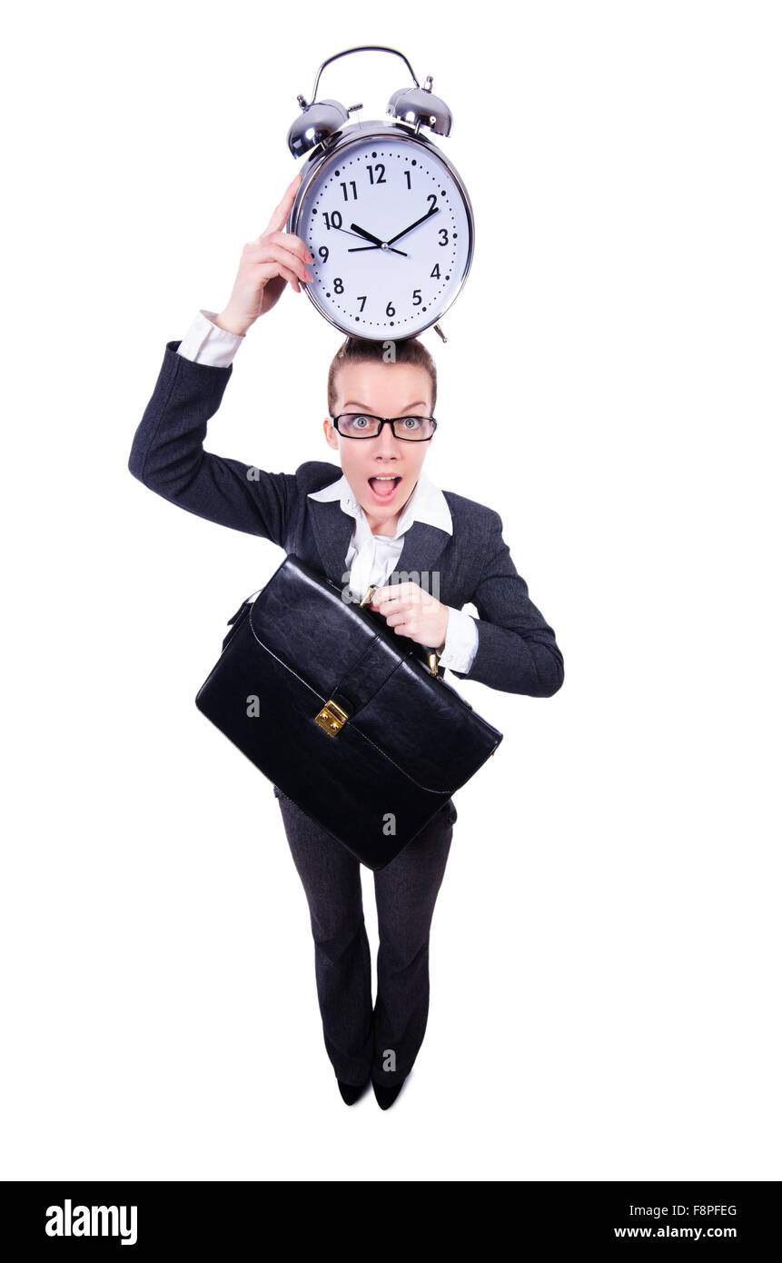 Funny woman with clock on white Stock Photo - Alamy