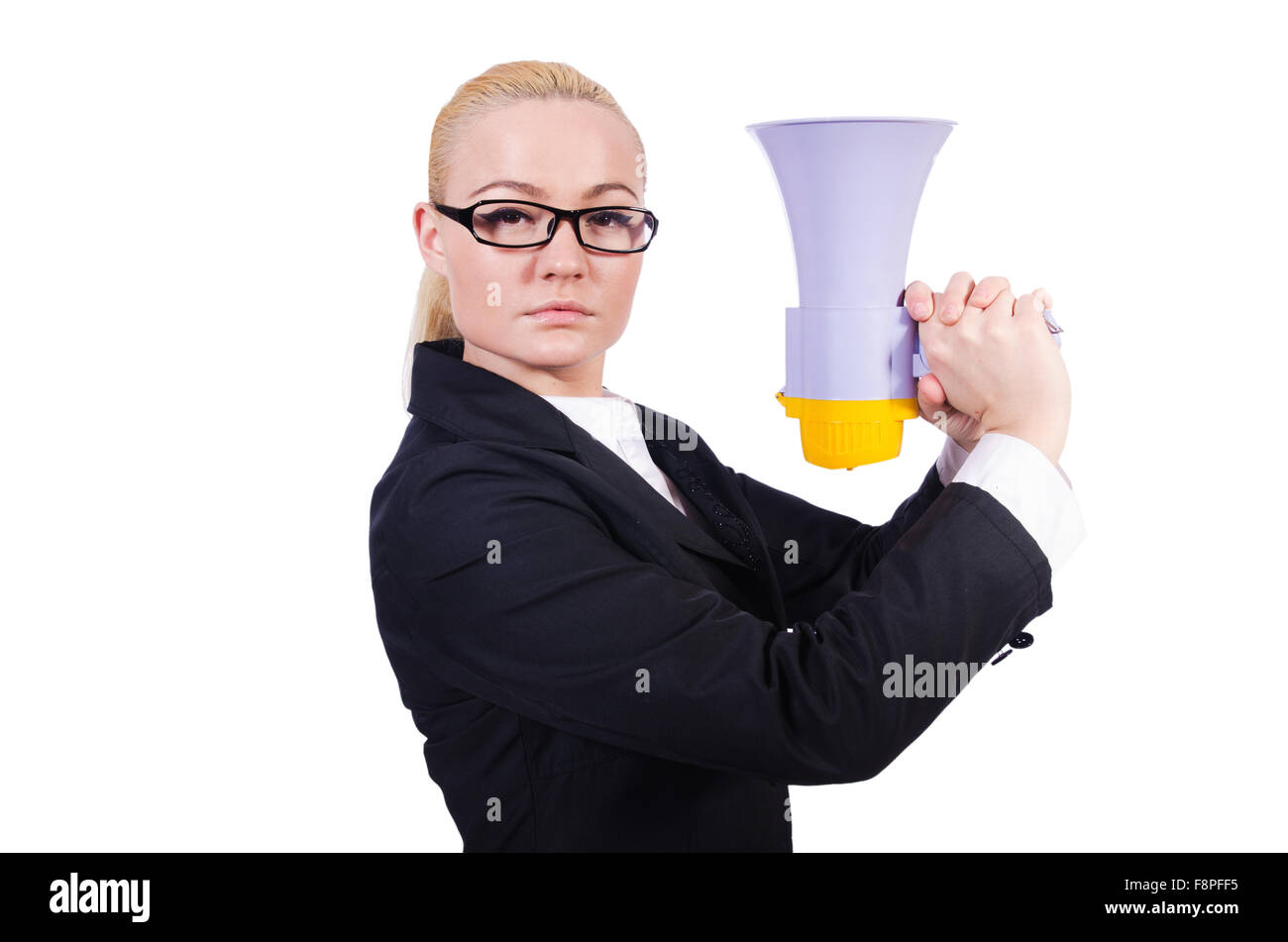 Woman businesswoman with loudspeaker on white Stock Photo - Alamy