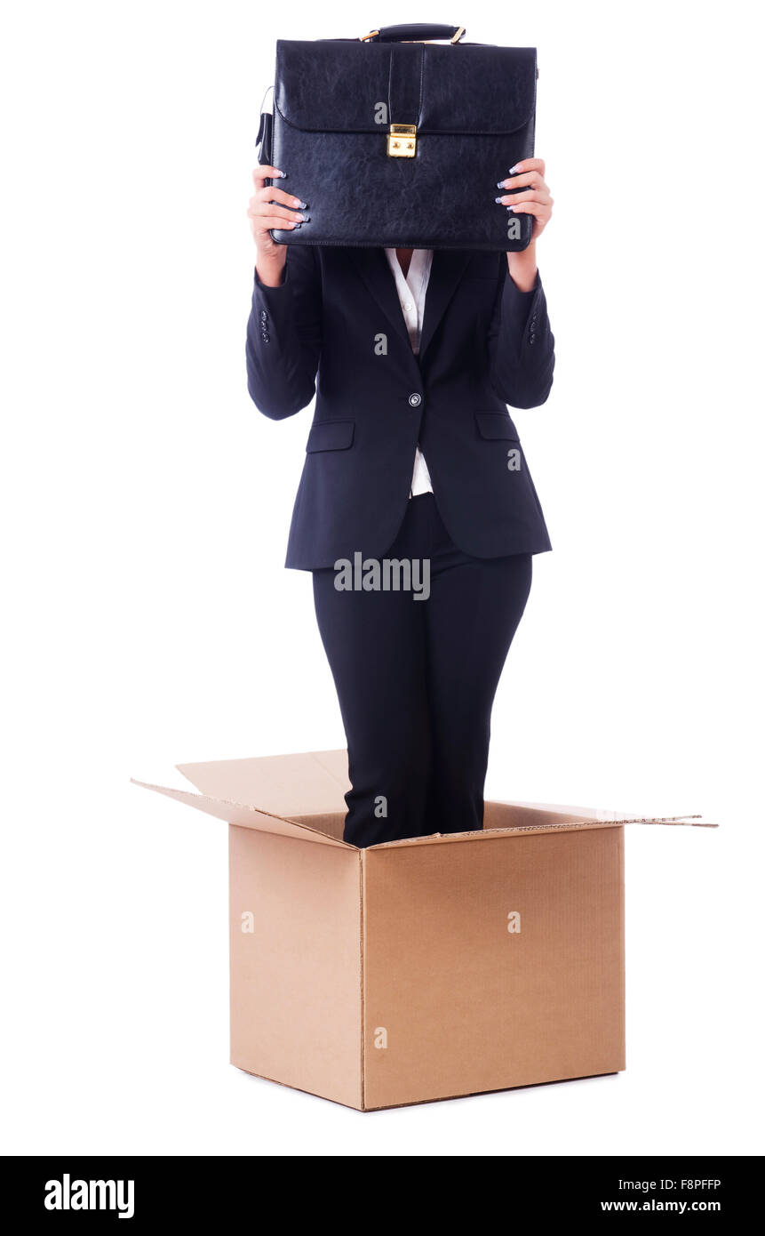 Woman with boxes on white Stock Photo - Alamy
