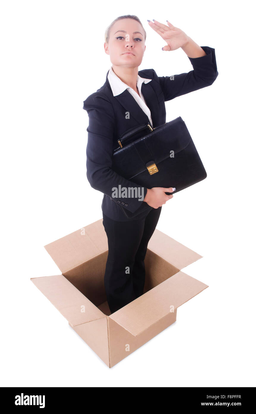 Woman with boxes on white Stock Photo - Alamy