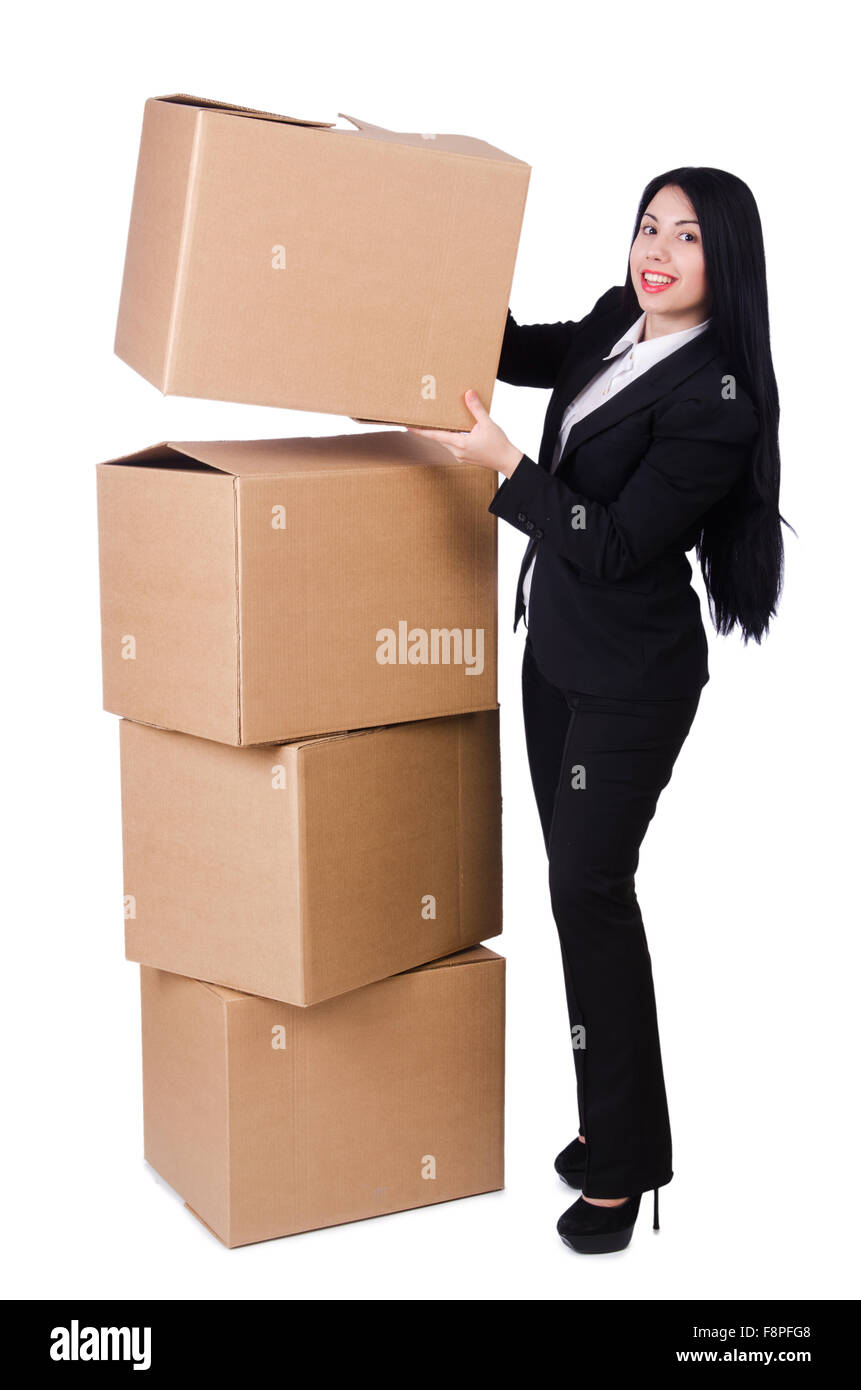 Woman with lots of boxes on white Stock Photo - Alamy