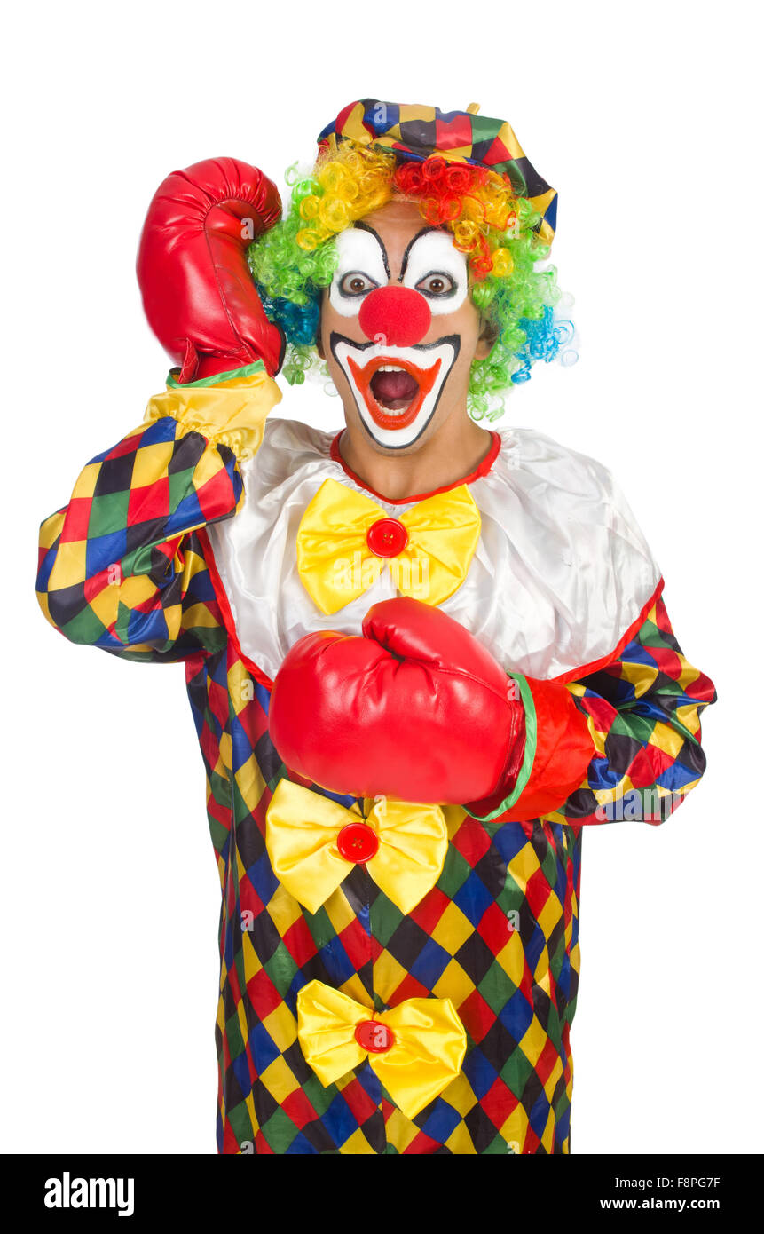 Clown with boxing gloves isolated on white Stock Photo - Alamy