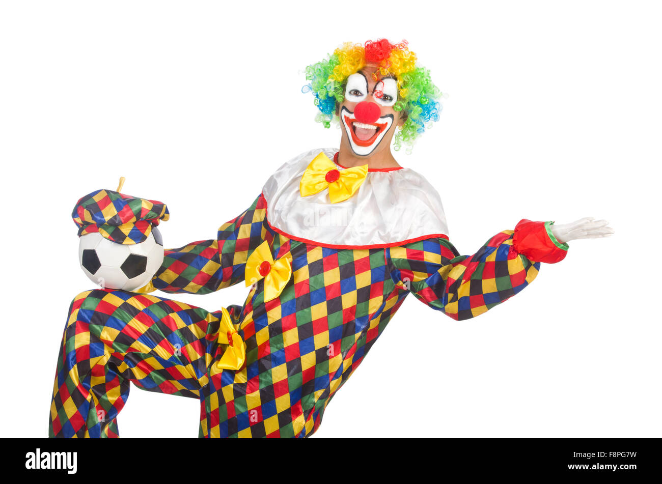 Clown with football ball on white Stock Photo - Alamy