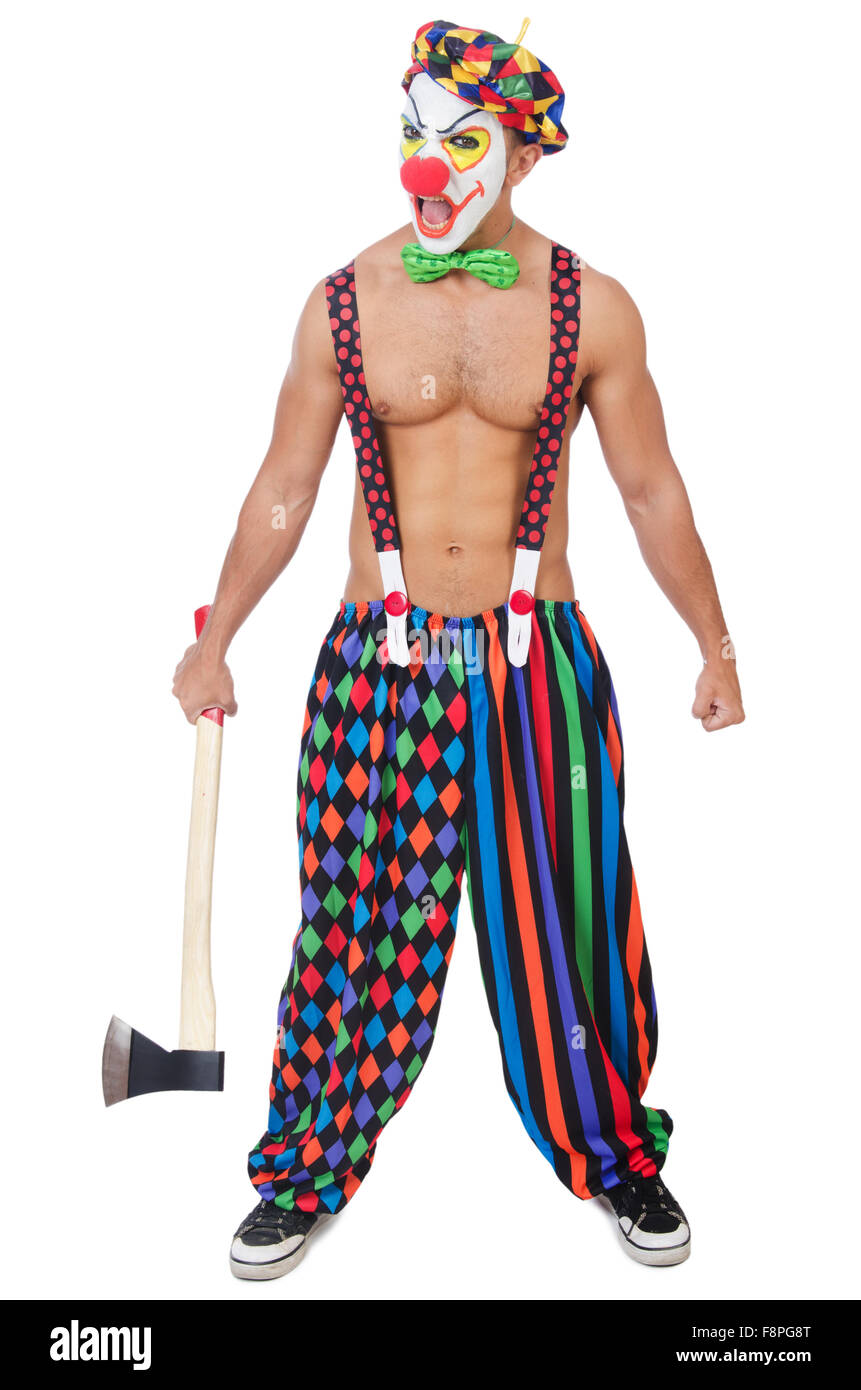 Clown with axe isolated on white Stock Photo - Alamy
