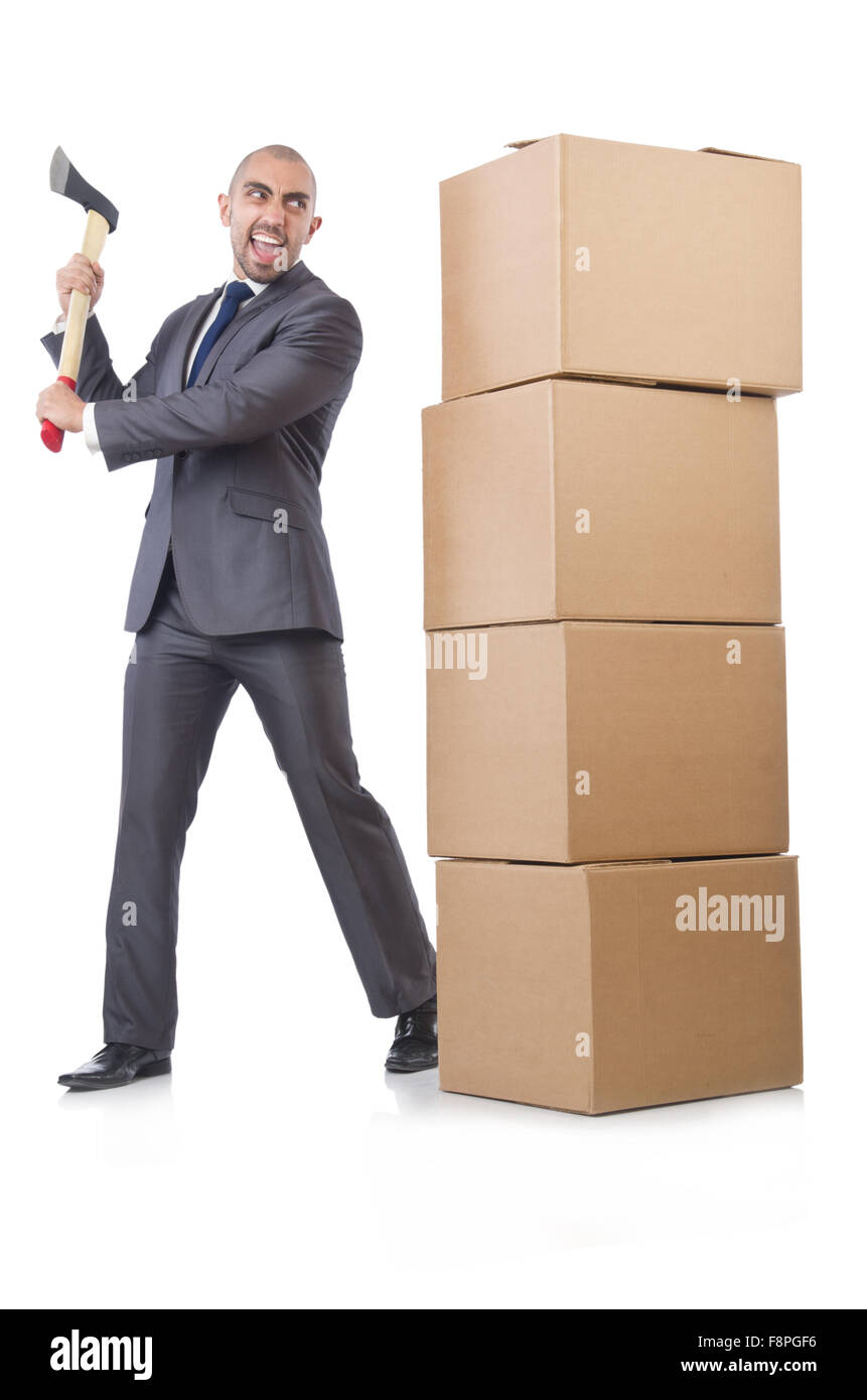 Man with axe and boxes on white Stock Photo - Alamy