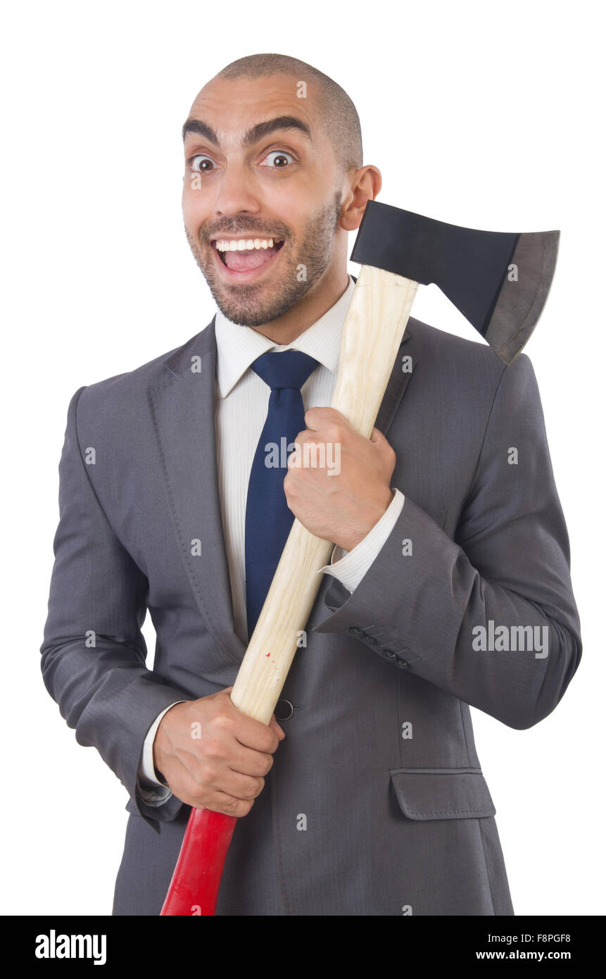 Funny businessman with axe on white Stock Photo - Alamy