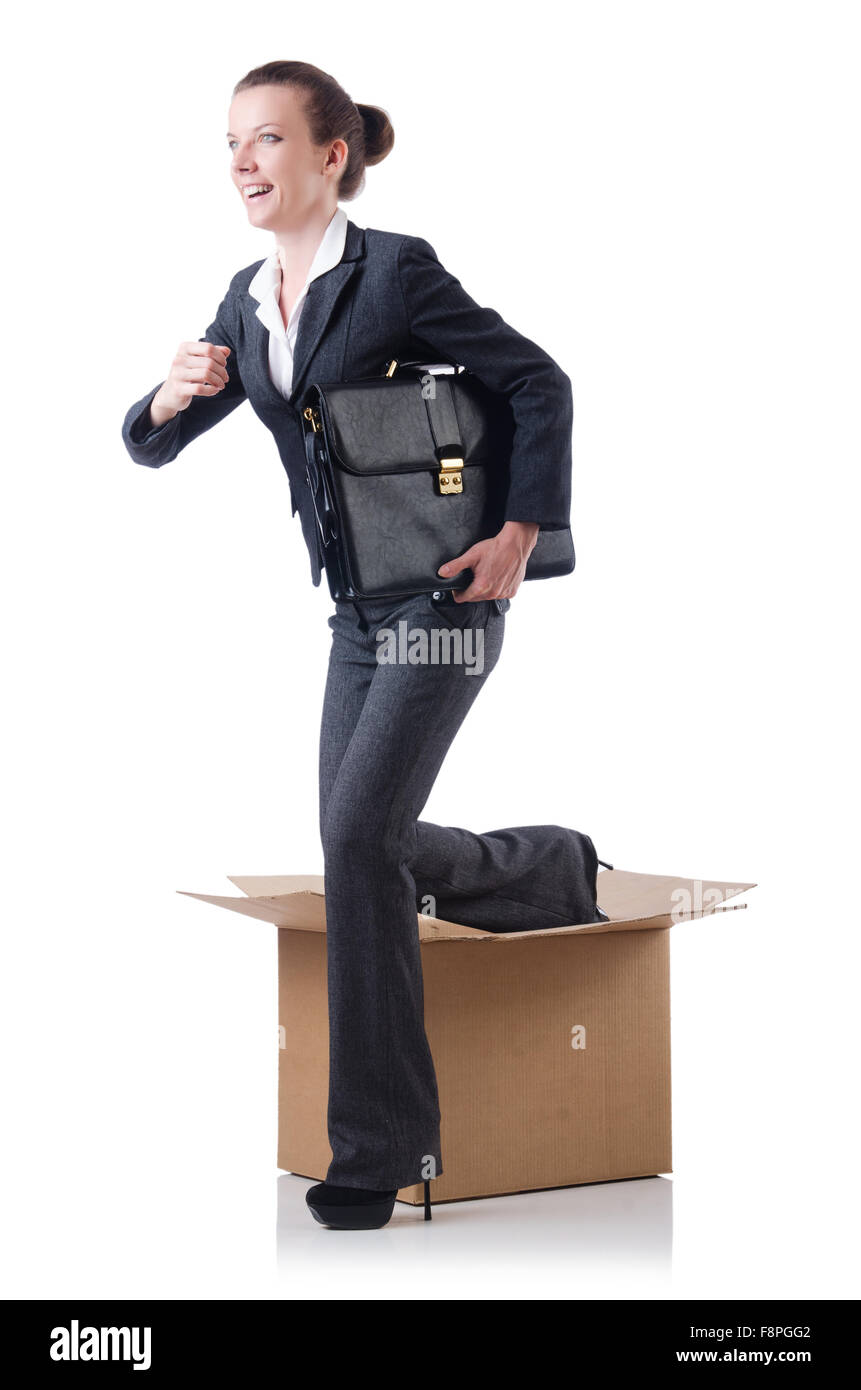 Woman with boxes on white Stock Photo - Alamy