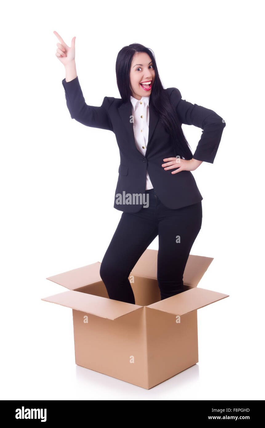 Woman with boxes on white Stock Photo - Alamy
