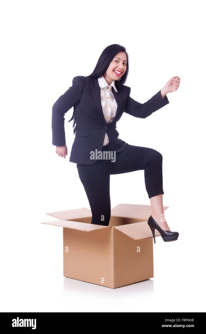 Woman with boxes on white Stock Photo - Alamy