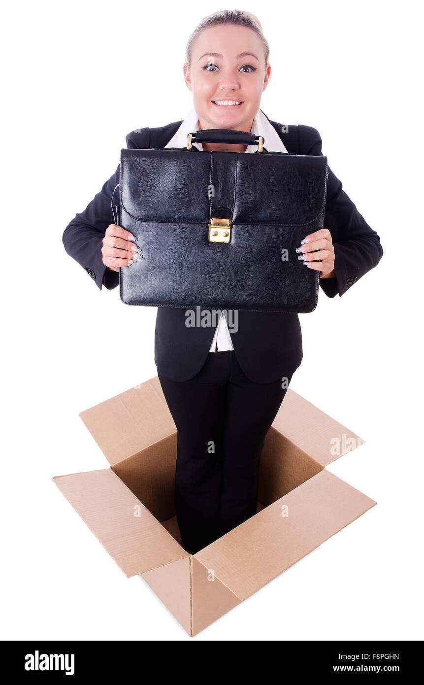 Woman with boxes on white Stock Photo - Alamy