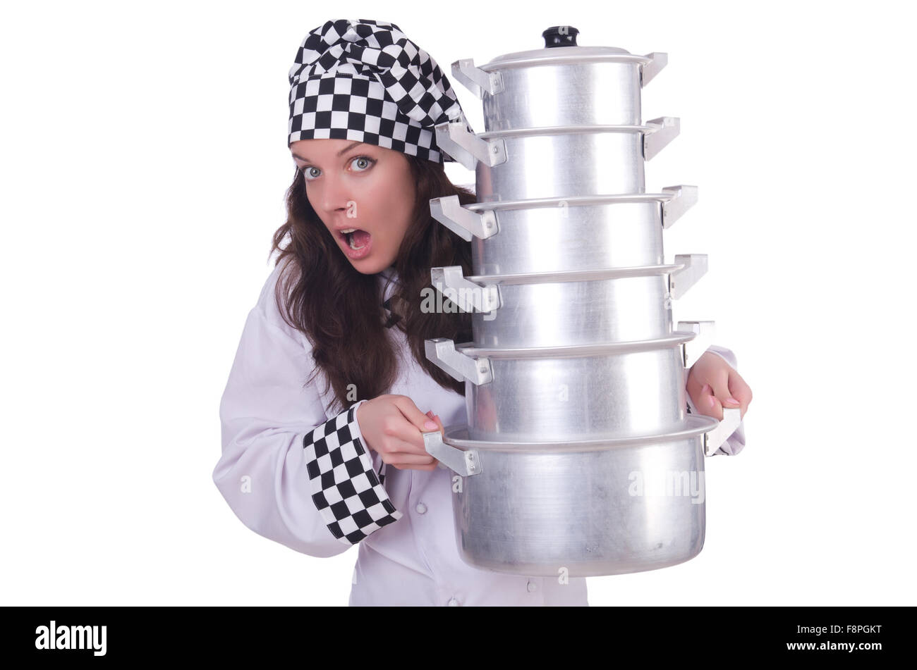 Cook with stack of pots on white Stock Photo - Alamy