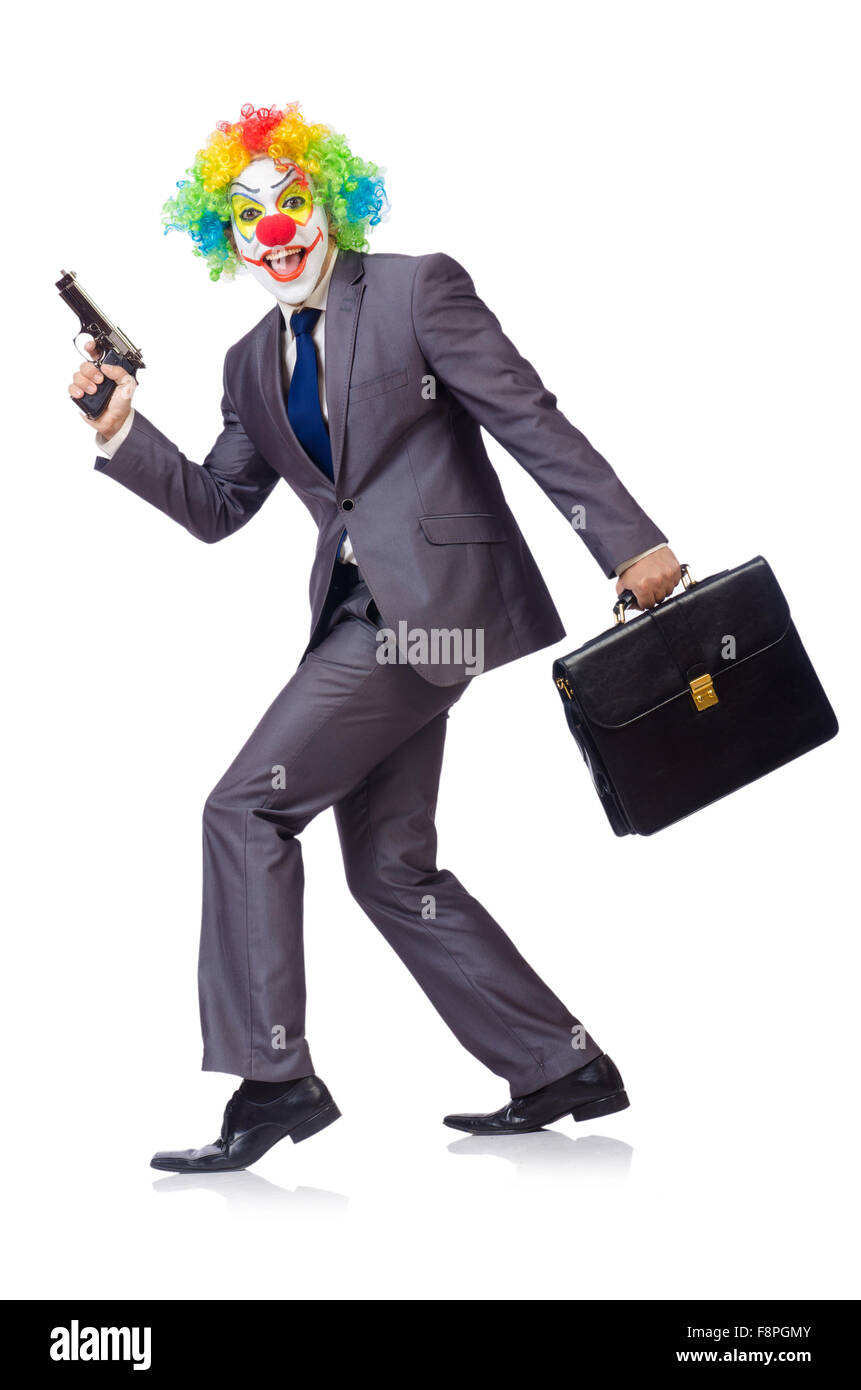Businessman clown with gun isolated on white Stock Photo - Alamy