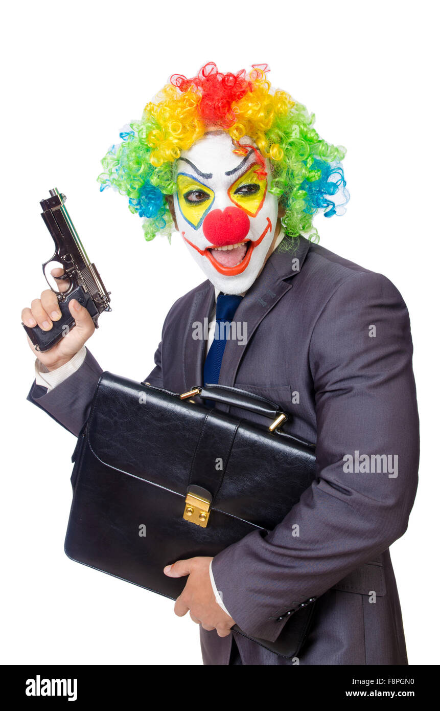 Businessman clown with gun isolated on white Stock Photo - Alamy