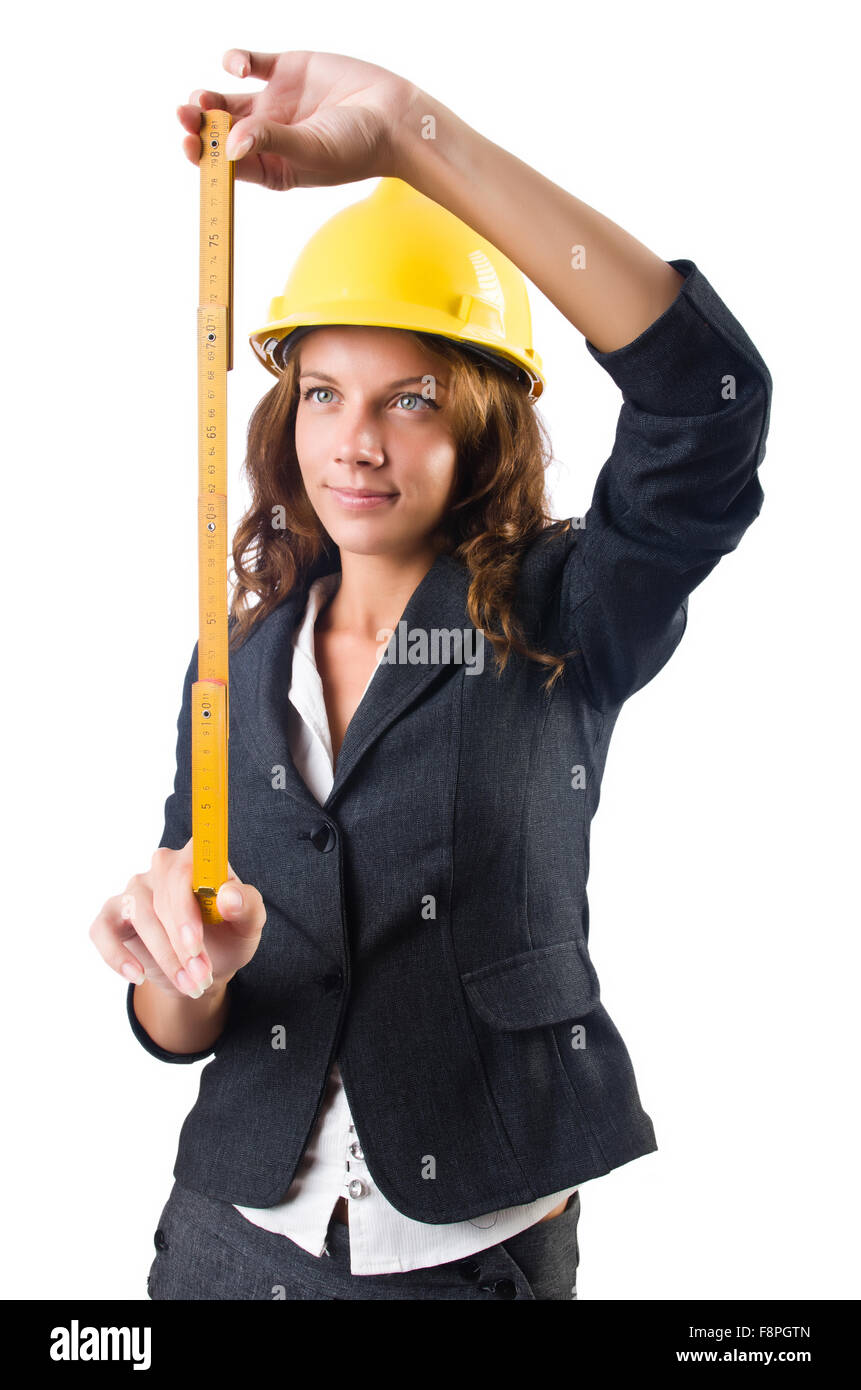 Woman builder with measuring tape Stock Photo - Alamy