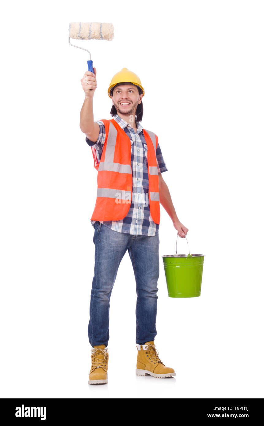 Painter with roller isolated on the white Stock Photo - Alamy