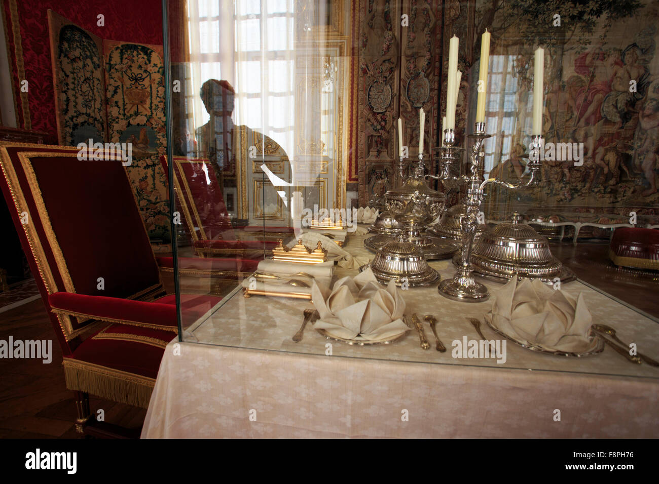 A table setting for Royalty on display in the Palace of Versailles, on ...