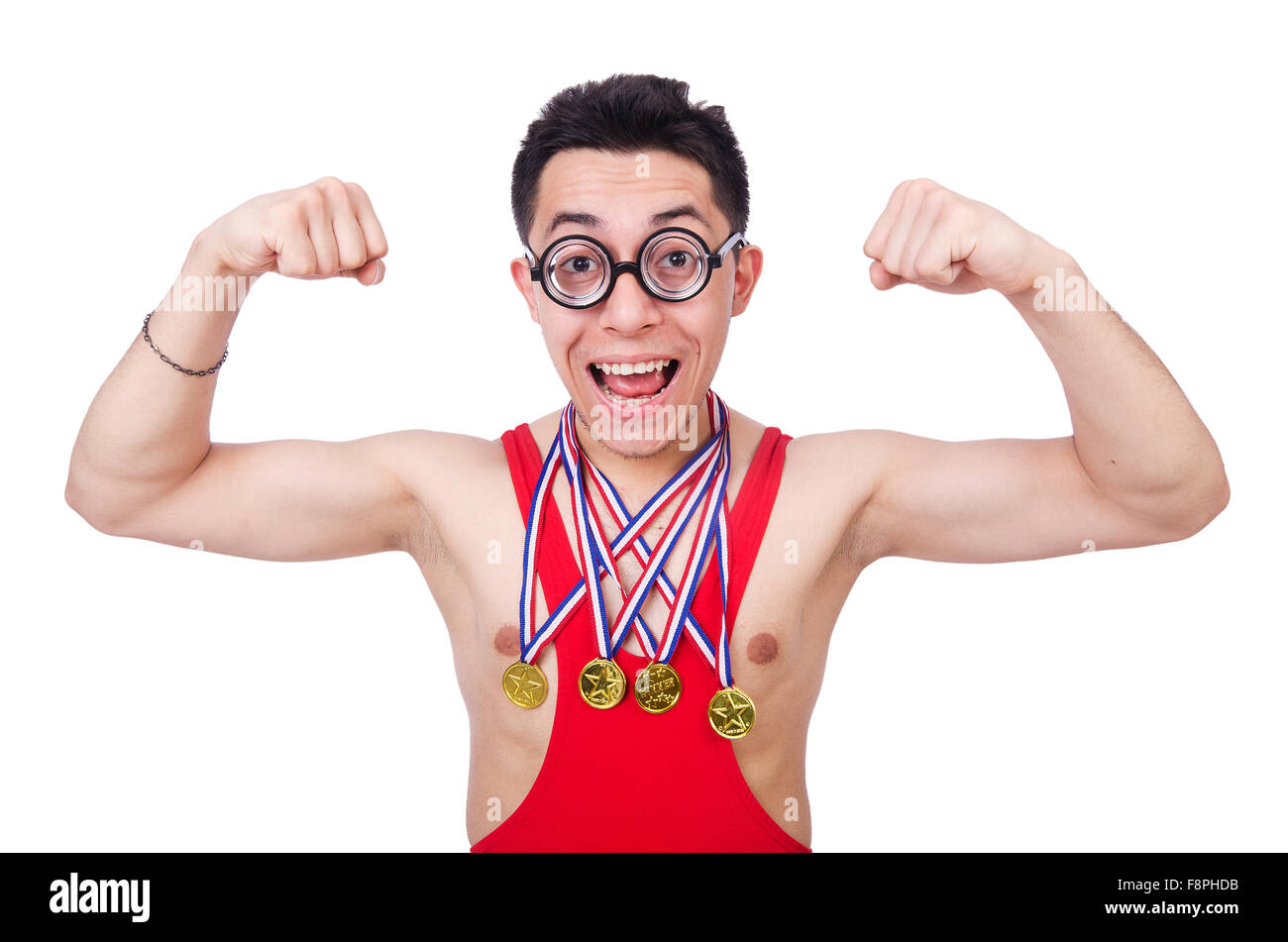 Funny wrestler with winners gold medal Stock Photo - Alamy